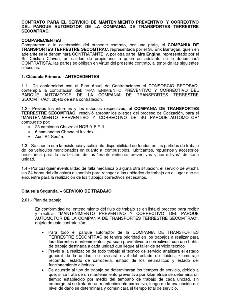 Contrato Compania de Transportes Terrestre Secomtrac | PDF | Coche ...