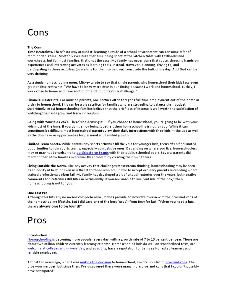 Home Schooling Facts Etc Pros Cons | PDF | Homeschooling | Schools