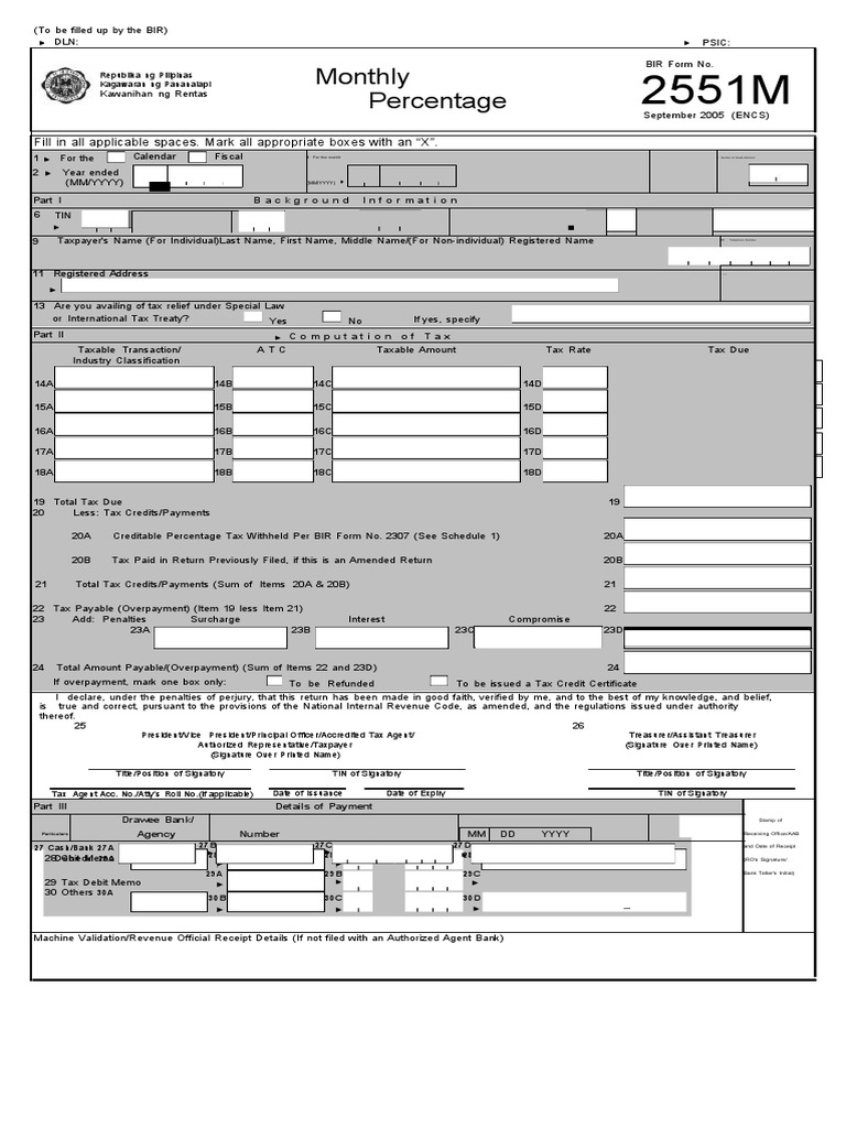 BIR Form 2551M Monthly Percentage Tax | PDF | Taxes | Taxpayer