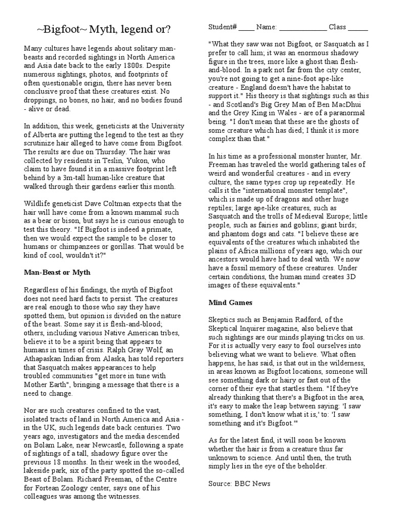 Bigfoot - Myth, Legend Or... | PDF | Bigfoot