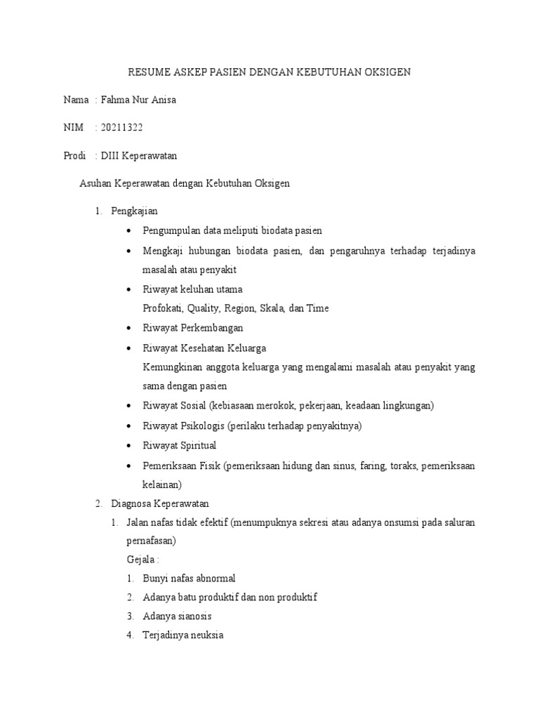 Resume Askep Pasien Dengan Kebutuhan Oksigenasi Fahma | PDF
