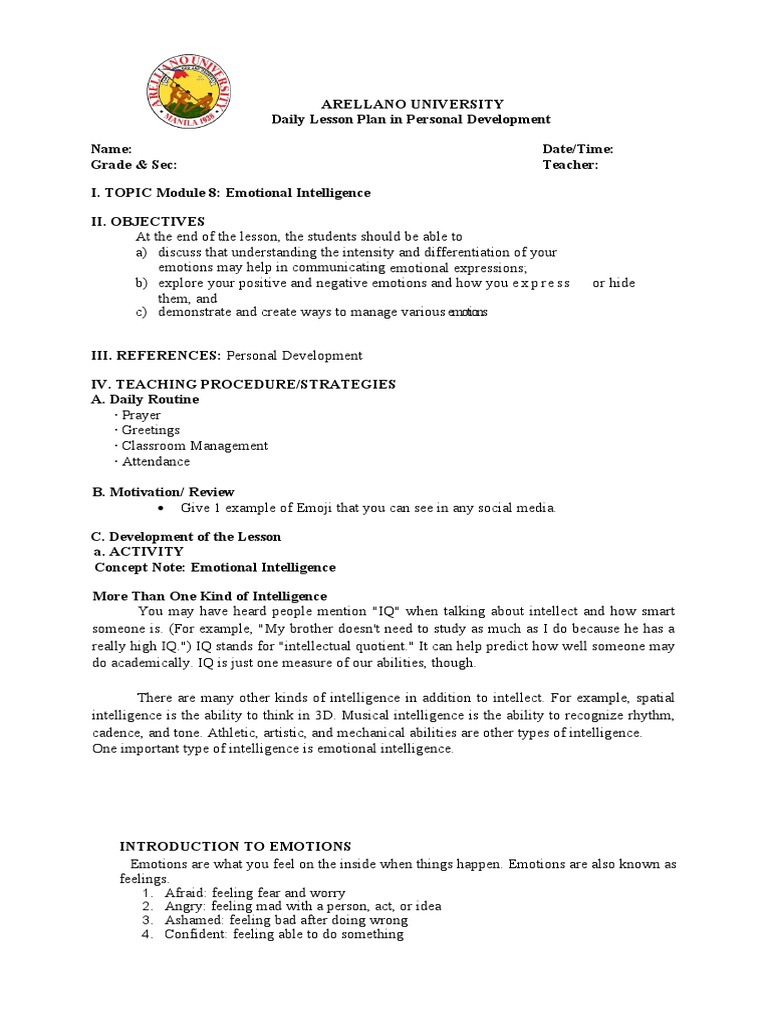 Emotional Intelligence Lesson Plan | PDF | Emotional Intelligence ...