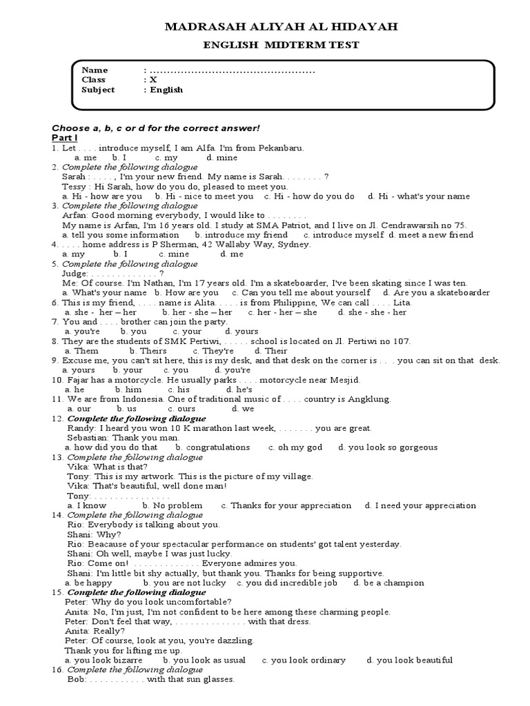 Soal PTS BAHASA INGGRIS ALIYAH | PDF