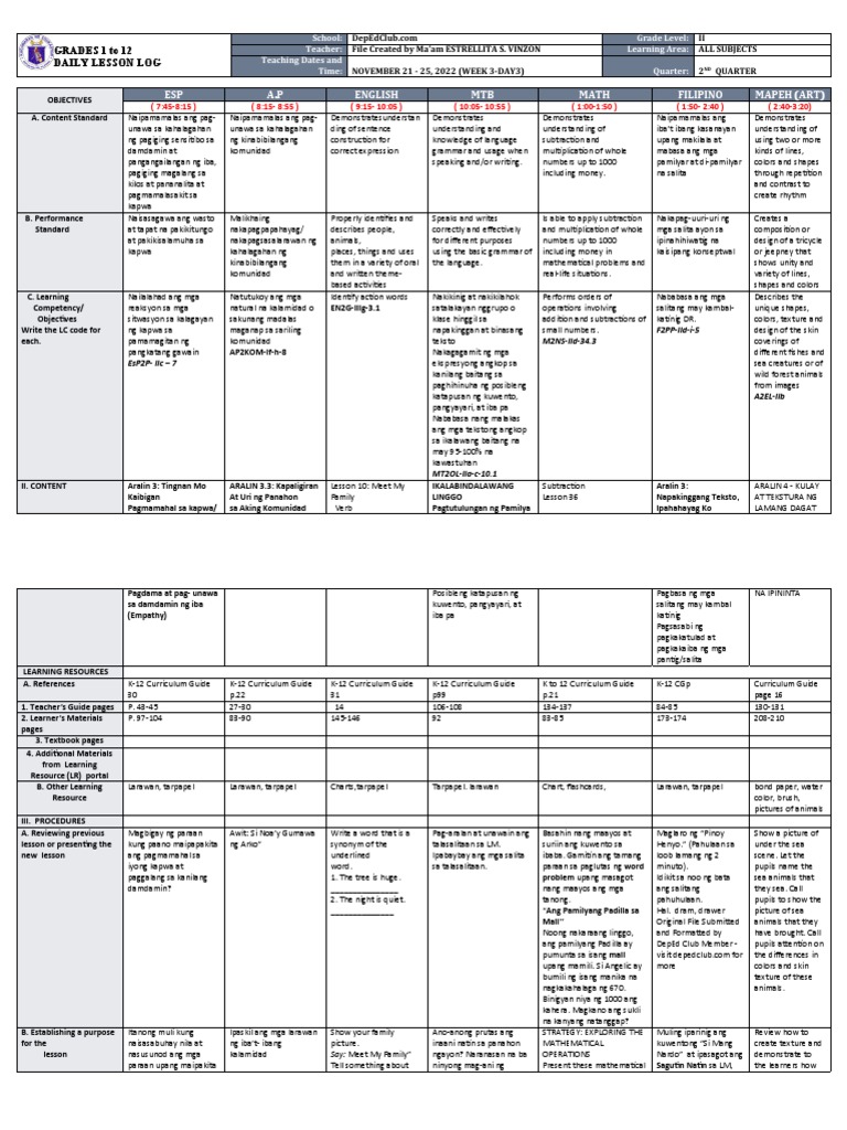 DLL - All Subjects 2 - Q2 - W3 - D3 | PDF