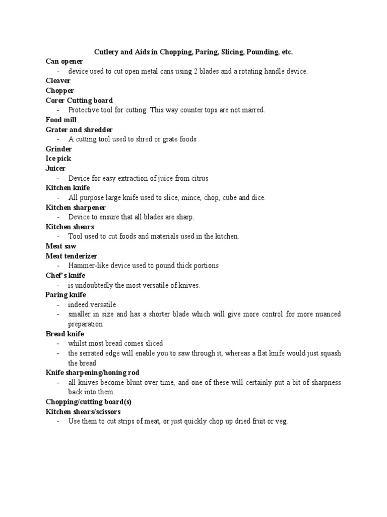 FOOD PROCESSING - Cutlery and Aids in Chopping | PDF | Cooking, Food & Wine