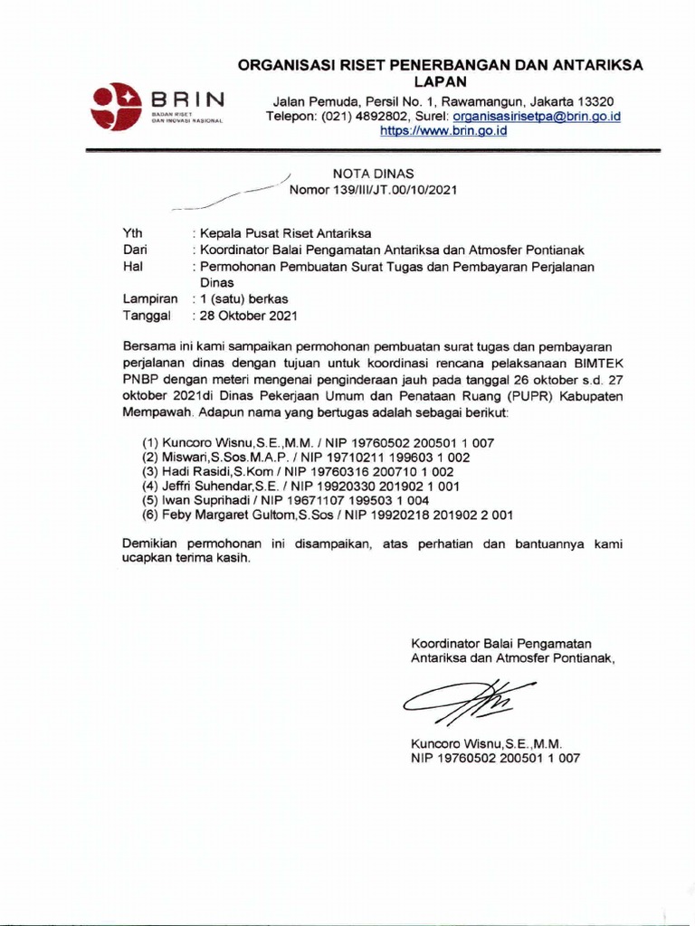 Nodin Permohonan ST Jaldin Mempawah 26 - 27 Oktober 2021 | PDF