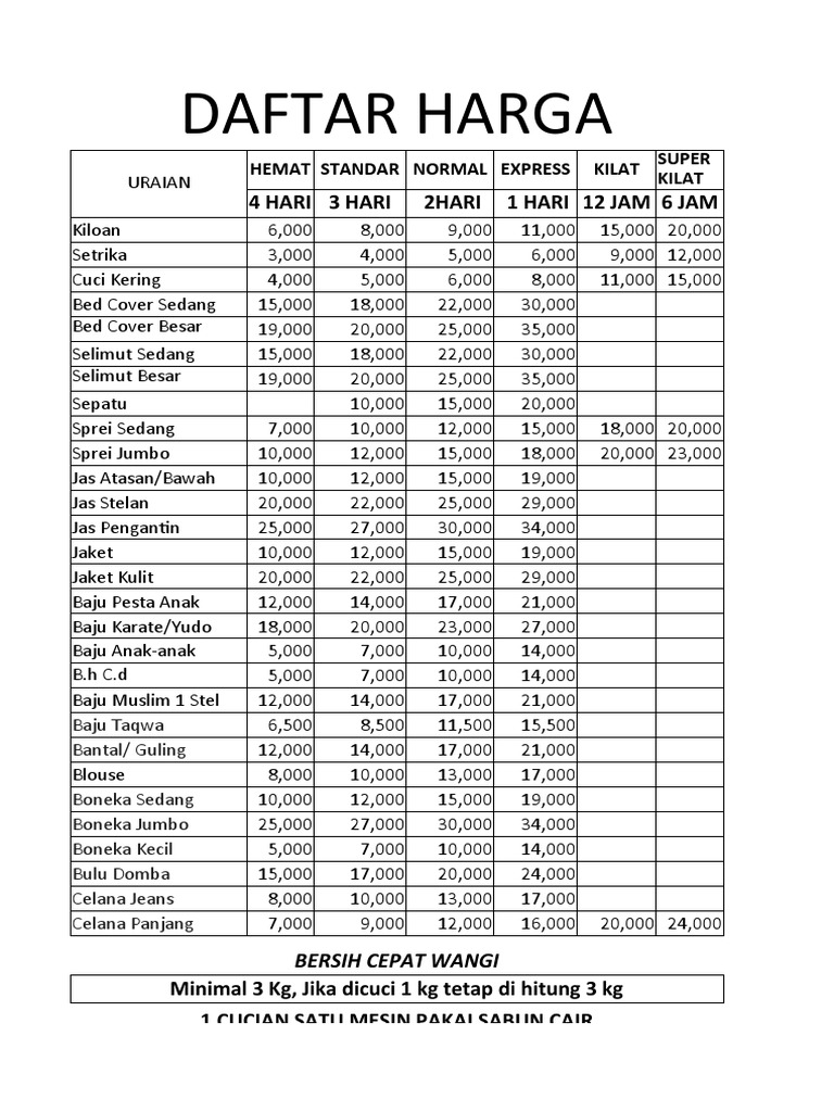 Daftar Harga Laundry | PDF