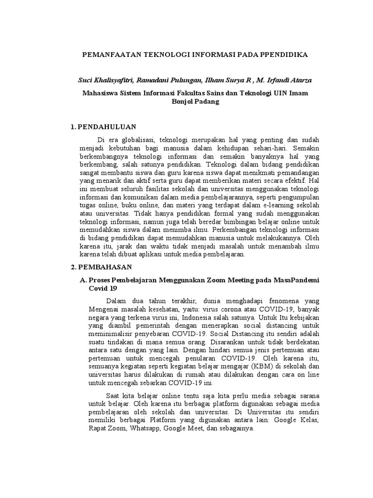 Essay Pemanfaatan Teknologi Informasi Dalam Pendidikan | PDF