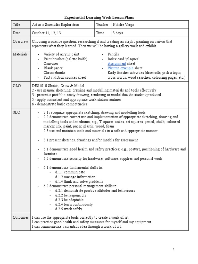 Experiential Learning Week Lesson Plans | PDF | Drawing | Canvas