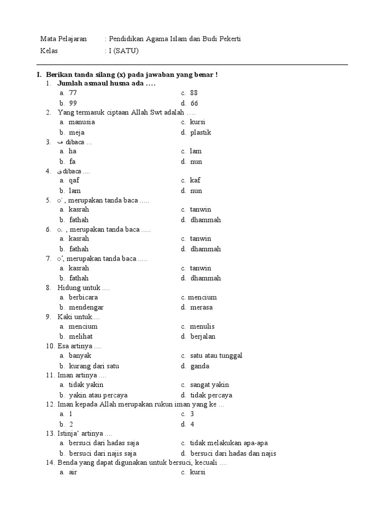 Soal & Jawaban PAS PAI Kelas 1 - WEBSITE WWW - Kherysuryawan.id | PDF