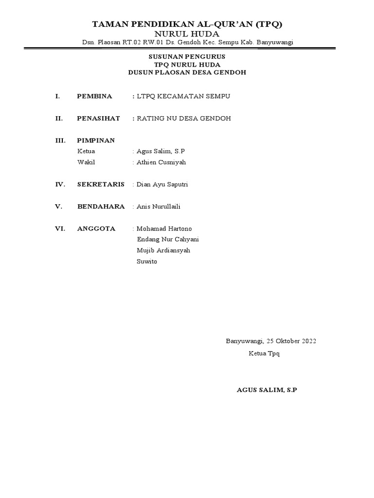 Susunan Pengurus TPQ | PDF