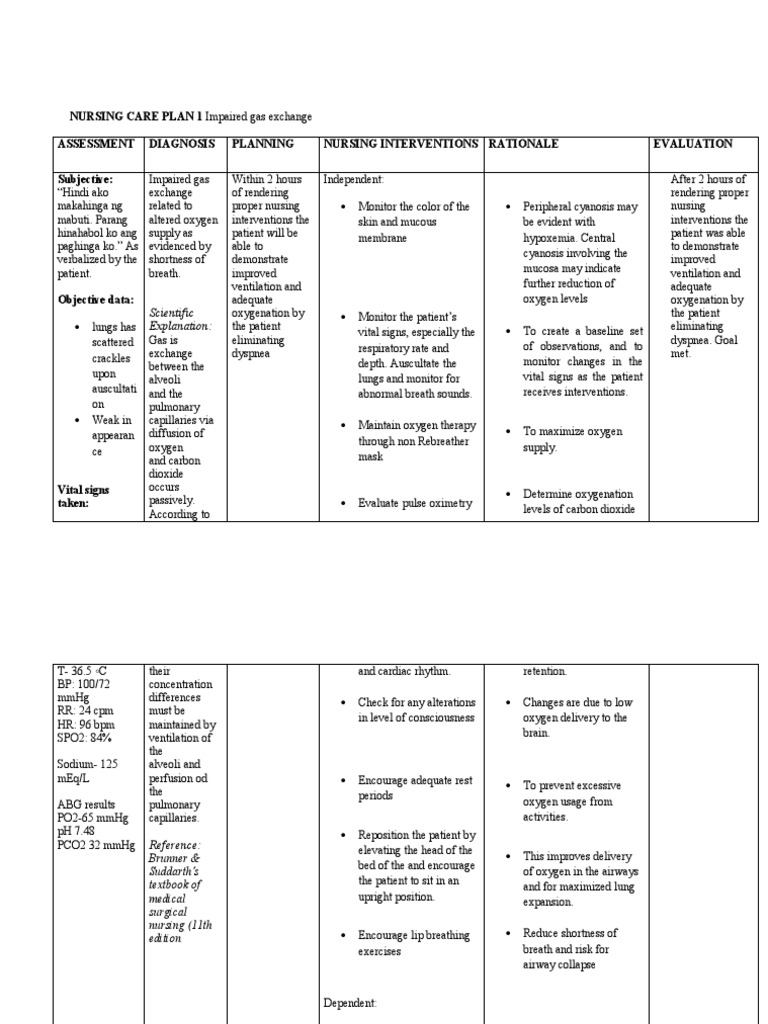 Nursing Care Plan for Impaired Gas Exchange | PDF | Breathing ...