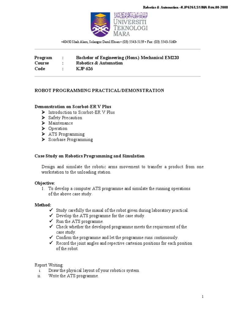 Robotic & Automation Lab Sheet | PDF | Robotics | Automation