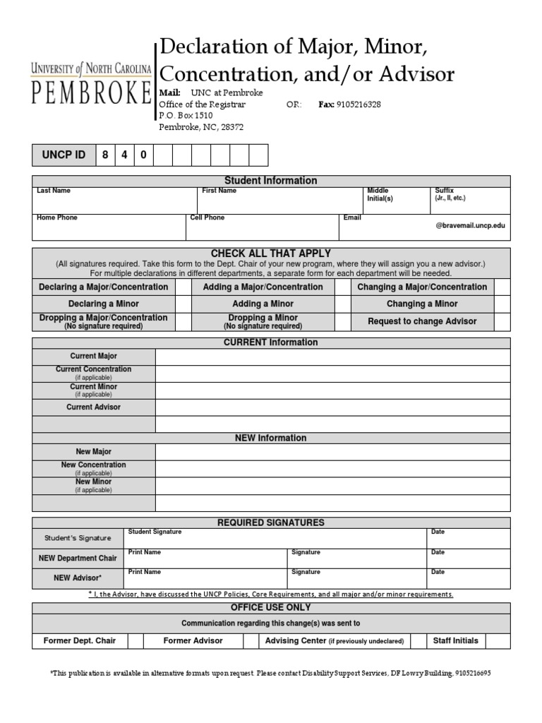 UNCP Major and Minor Declaration Form | PDF | Bachelor Of Science | Science