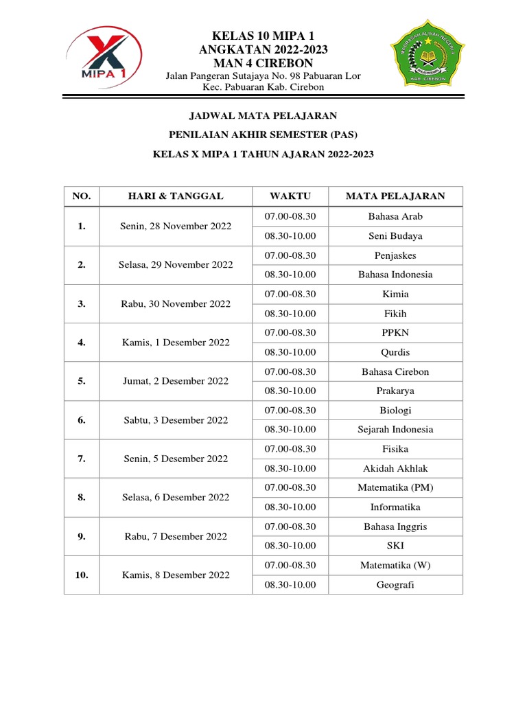 Jadwal PAS Ganjil Kelas X MIPA 1 Tahun Ajaran 2022-2023 | PDF