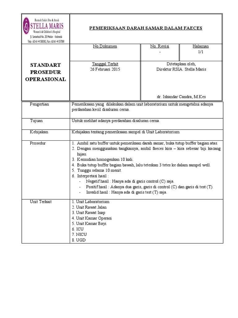 Sop Pemeriksaan Darah Samar Dalam Faeces | PDF