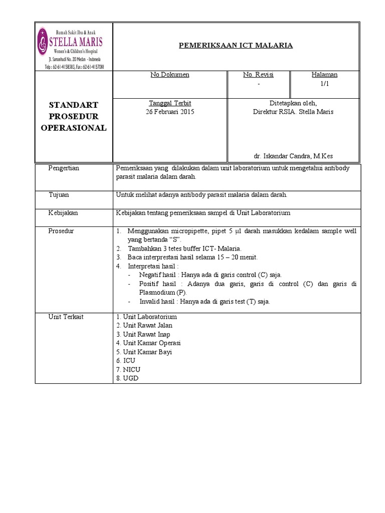 Sop Pemeriksaan Ict Malaria | PDF