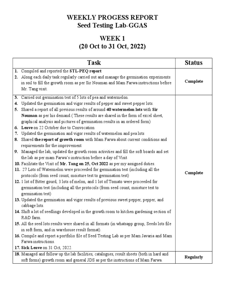 Fortnightly Lab Progress Report | PDF | Germination | Seed