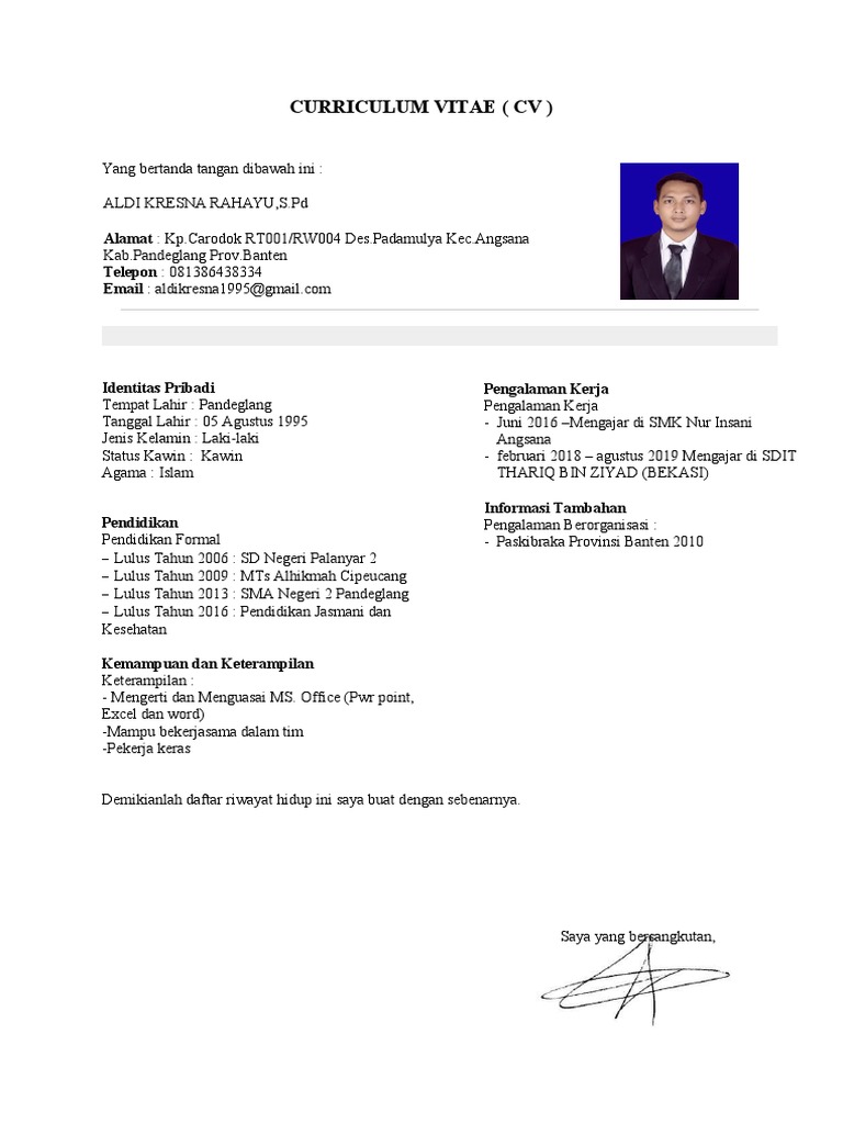 (CV) Surat Lamaran Pekerjaan Aldi | PDF