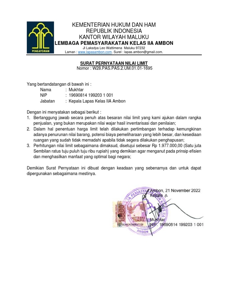 Surat Pernyataan Nilai Limit Lapas Ambon | PDF | Politik | Hukum