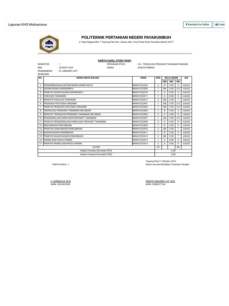 Laporan KHS Mahasiswa | PDF