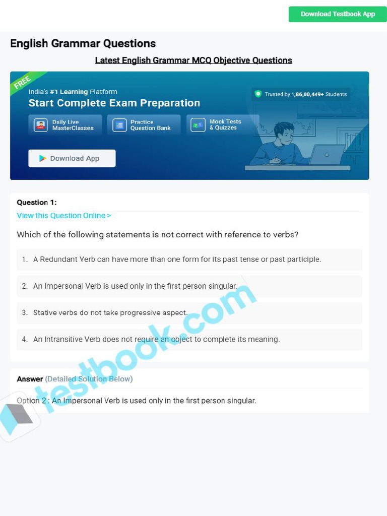 MCQ On English Grammar 5eea6a1539140f30f369f4bd | PDF