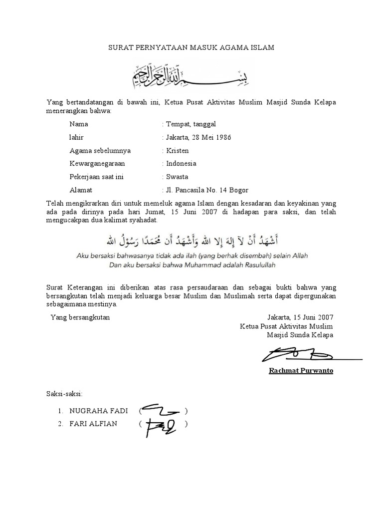 Surat Pernyataan Masuk Islam | PDF
