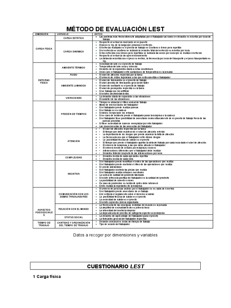 Método de Evaluación Lest | Descargar gratis PDF | Tiempo de trabajo | Metrología