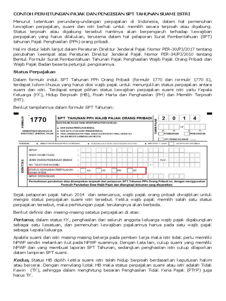 Contoh Perhitungan Pajak Dan Pengisian SPT Tahunan Suami Istri | PDF