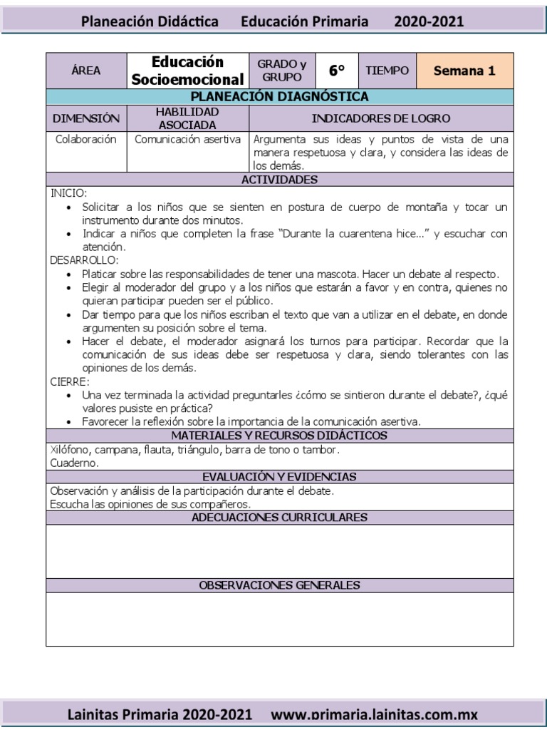 Plan Diagnóstico - 6to Grado Español (2020-2021) | PDF | Educación ...