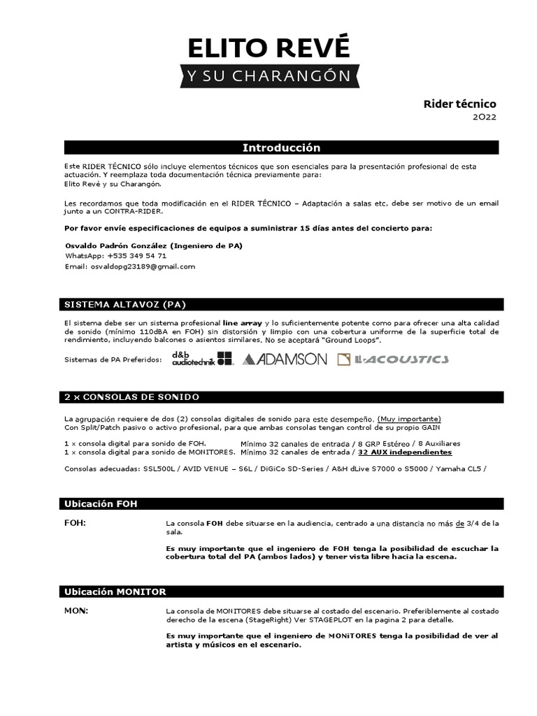 Elito Revé y Su Charangón RIDER 2022 | PDF | Ingeniería de audio ...