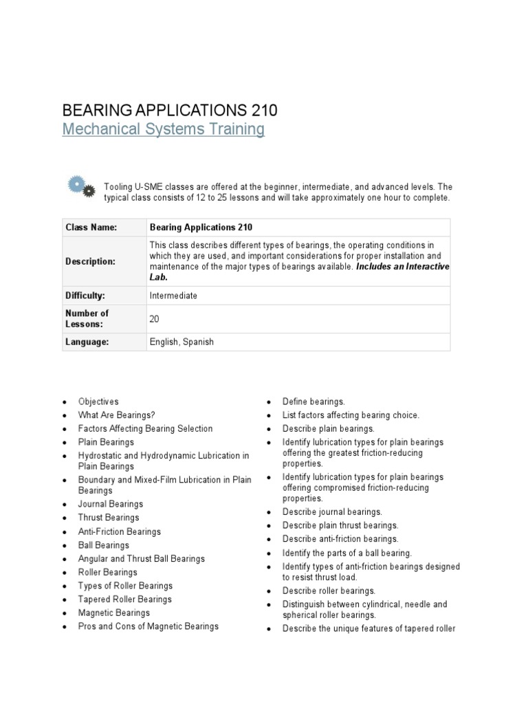 Bearing Applications Training | PDF | Bearing (Mechanical) | Friction