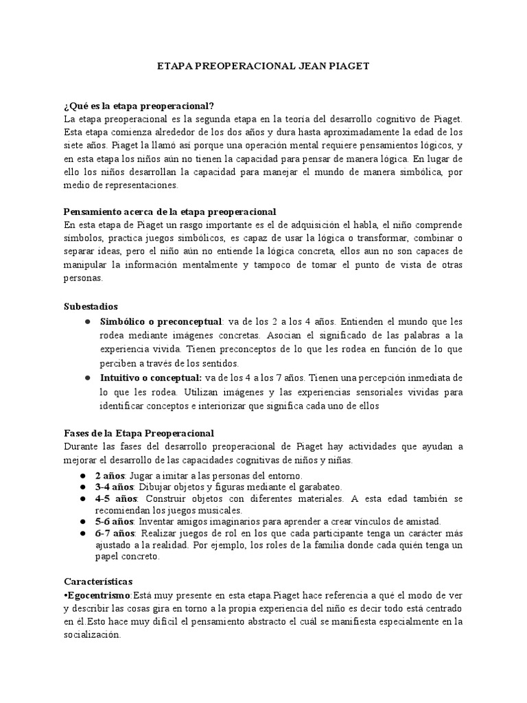 Etapa Preoperacional Jean Piaget | Descargar gratis PDF | Pensamiento ...