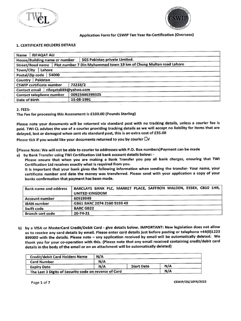 Application Form For Cswip | PDF