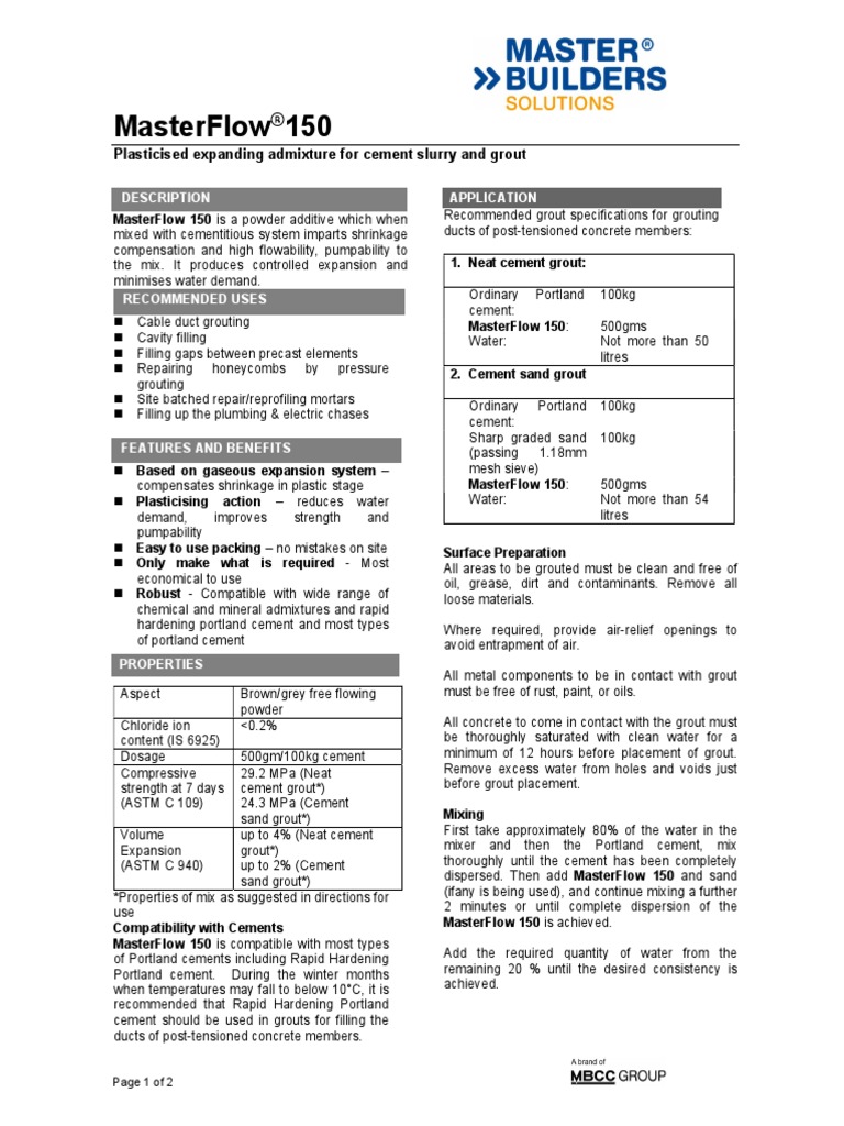 Masterflow 150 v3 | PDF | Concrete | Cement