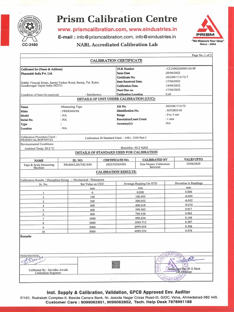 Mesuring Tape 5 MTR Certificate | PDF