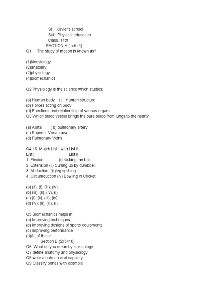 St. Xavier's 11th Physical Education exam questions | PDF