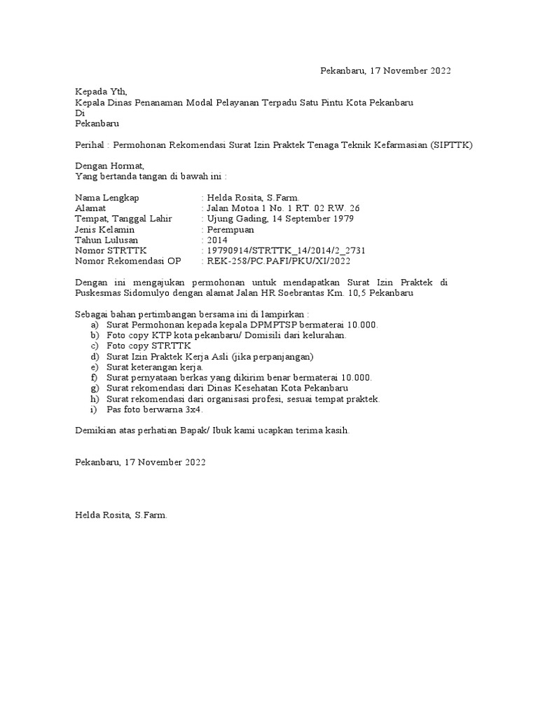 Permohonan SIPTTK Helda Rosita Pekanbaru | PDF | Hukum