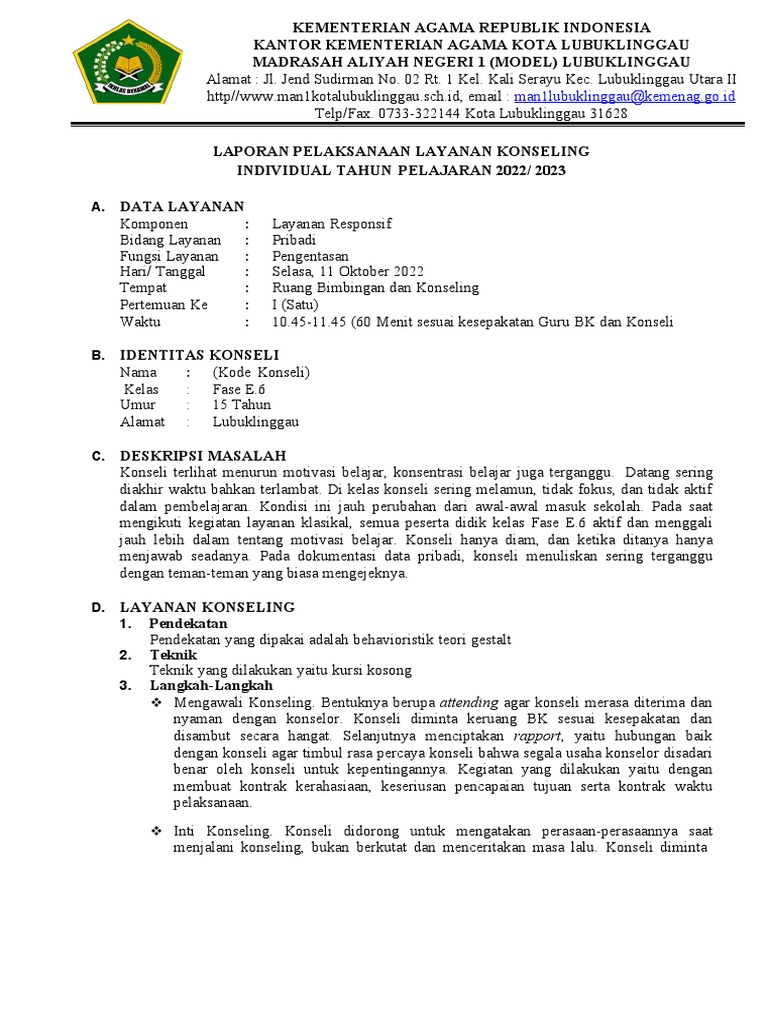 Laporan Konseling Individual 2022/2023 | PDF