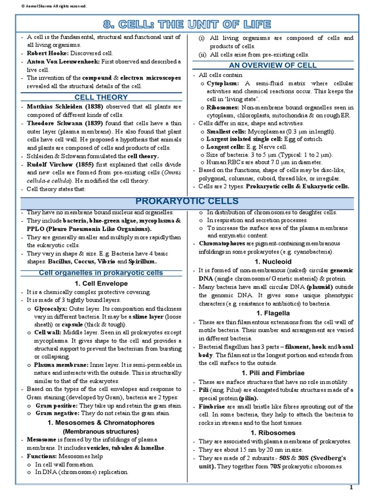 8 Cell - The Unit of Life-Notes | PDF | Cell (Biology) | Cell Membrane