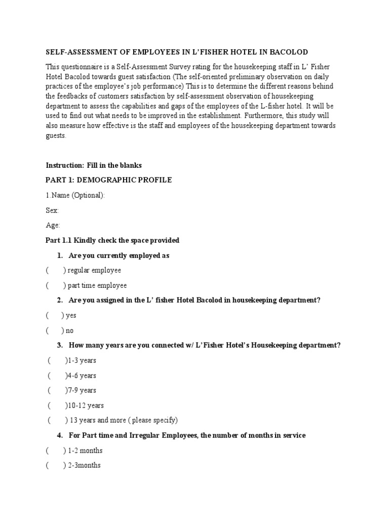 Housekeeping Self-Assessment Survey | PDF | Employment | Working Time