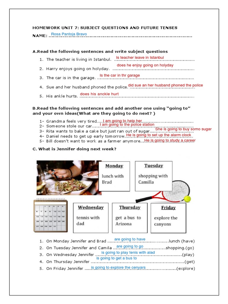 Homework Unit 7 Subject Questions and Future Tenses | PDF