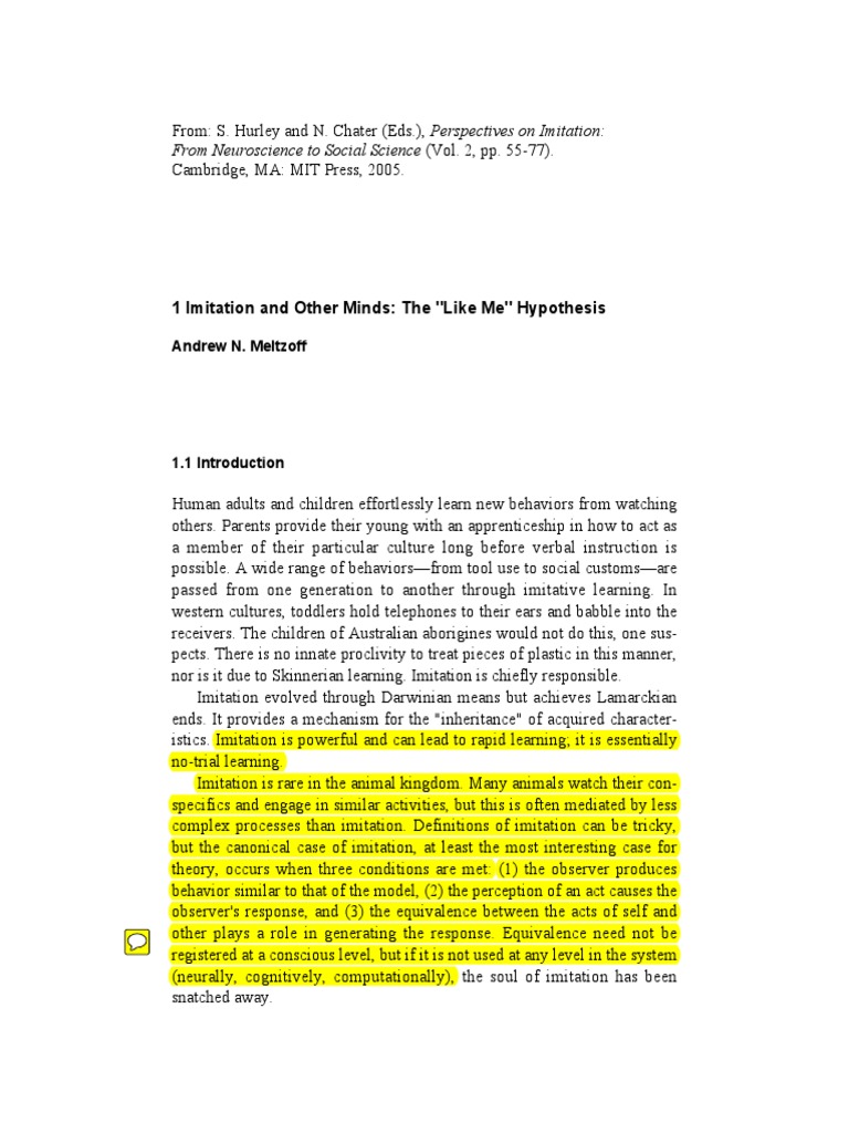 Imitation and Other Minds Meltzoff | PDF | Imitation | Intention