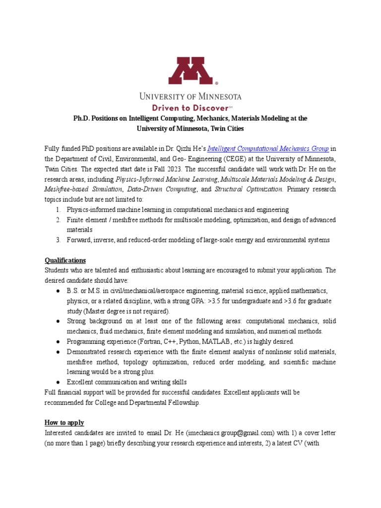Fully Funded PhD Positions in Intelligent Computational Mechanics at the University of Minnesota ...