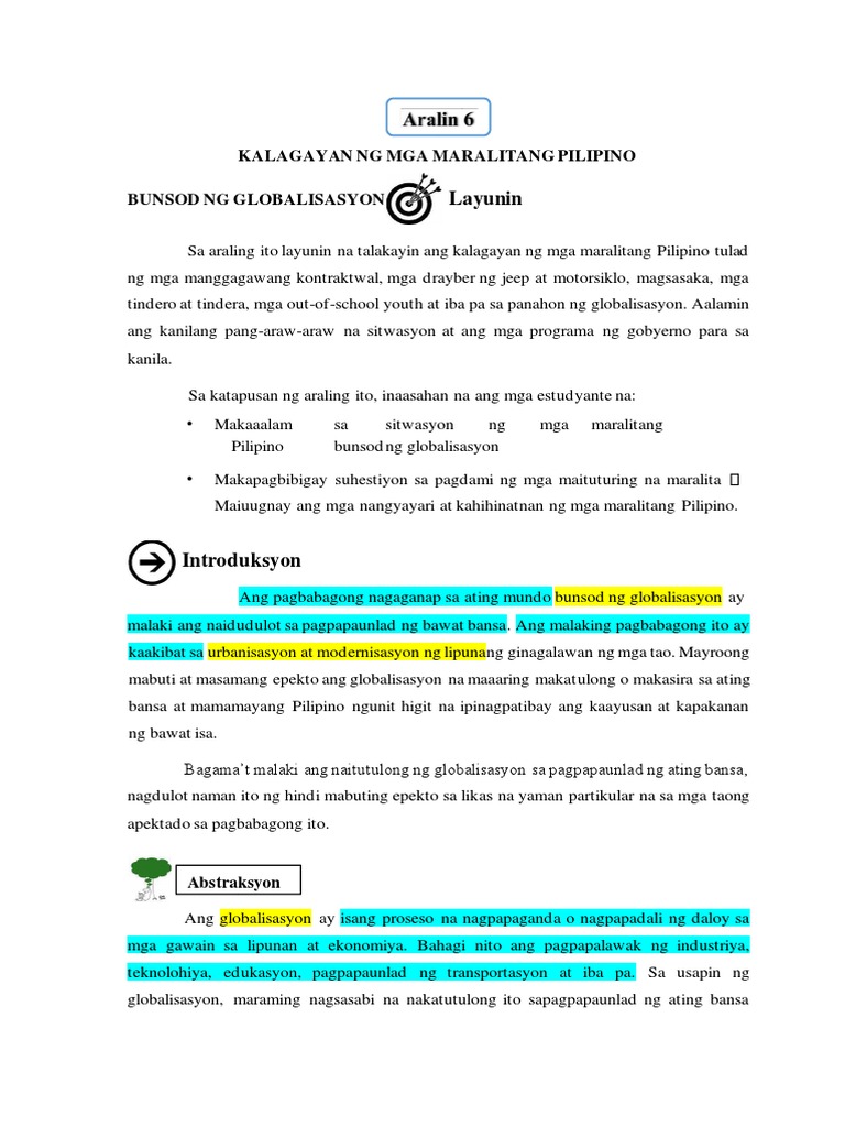 Modyul6-KALAGAYAN NG MGA MARALITANG PILIPINO BUNSOD NG GLOBALISASYON | PDF
