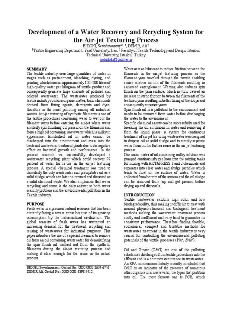 Development of A Water Recovery and Recycling System For The Air-Jet ...