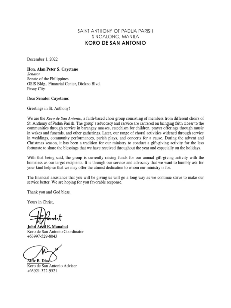 Solicitation Letter For Senator Alan Cayetano | PDF