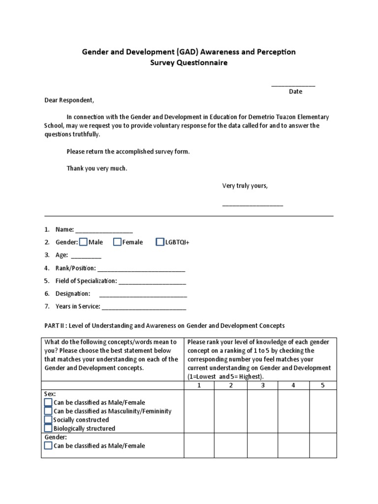 GAD Awareness Survey for Educators | PDF | Gender | Gender Studies