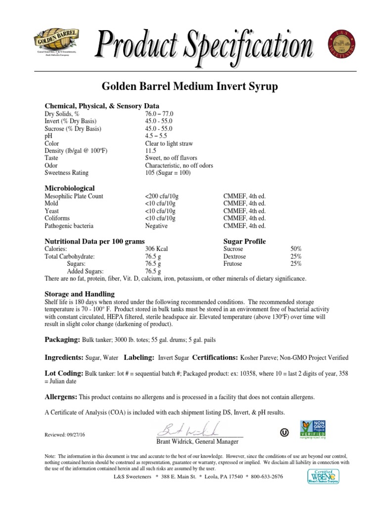 Golden Barrel Medium Invert Sugar Specs | PDF | Carbohydrates | Sucrose
