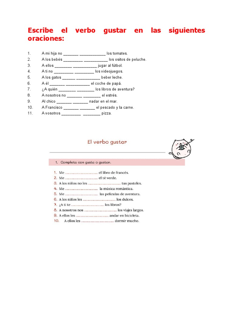 Ejercicios con el verbo gustar | PDF